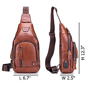 BULLCAPTAIN Genuine Leather Mens Sling Bag Multipurpose Travel Crossbody Chest Bag Daypacks with USB Charging Port (Brown)