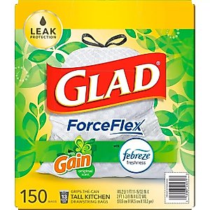 GLAD ForceFlex Tall Kitchen Drawstring White Trash Bags, Gain Original Scent with Febreze Freshness (13 gal, 150 ct.)