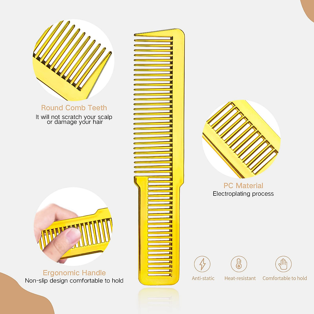 3 Pieces Barber Brush and Barber Comb Set, with Barber Blade Cleaning Brush Beard Brush Hair Cutting Comb, for Men Women Beauty Salons Home Use – Gold