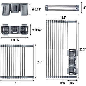 EXTREE Roll Up Dish Drying Rack, Adjustable 12.6"(W) to 23”(L), Over The Sink for Kitchen Sink Foldable Dish Draine with Utensil Holders SUS304 Stainless Steel Sink Rack