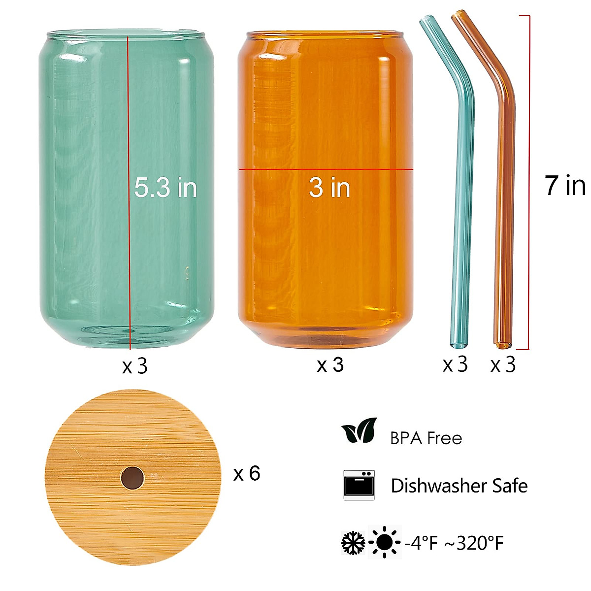 YOOLANSA [ 6 PCS Colored Drinking Glass with Bamboo Lid and Straw Set,16oz Can Glass with Lid and Straw, Soda Can Glass,Iced Coffee Glass,Milk Glass(3 Amber + 3 Green)