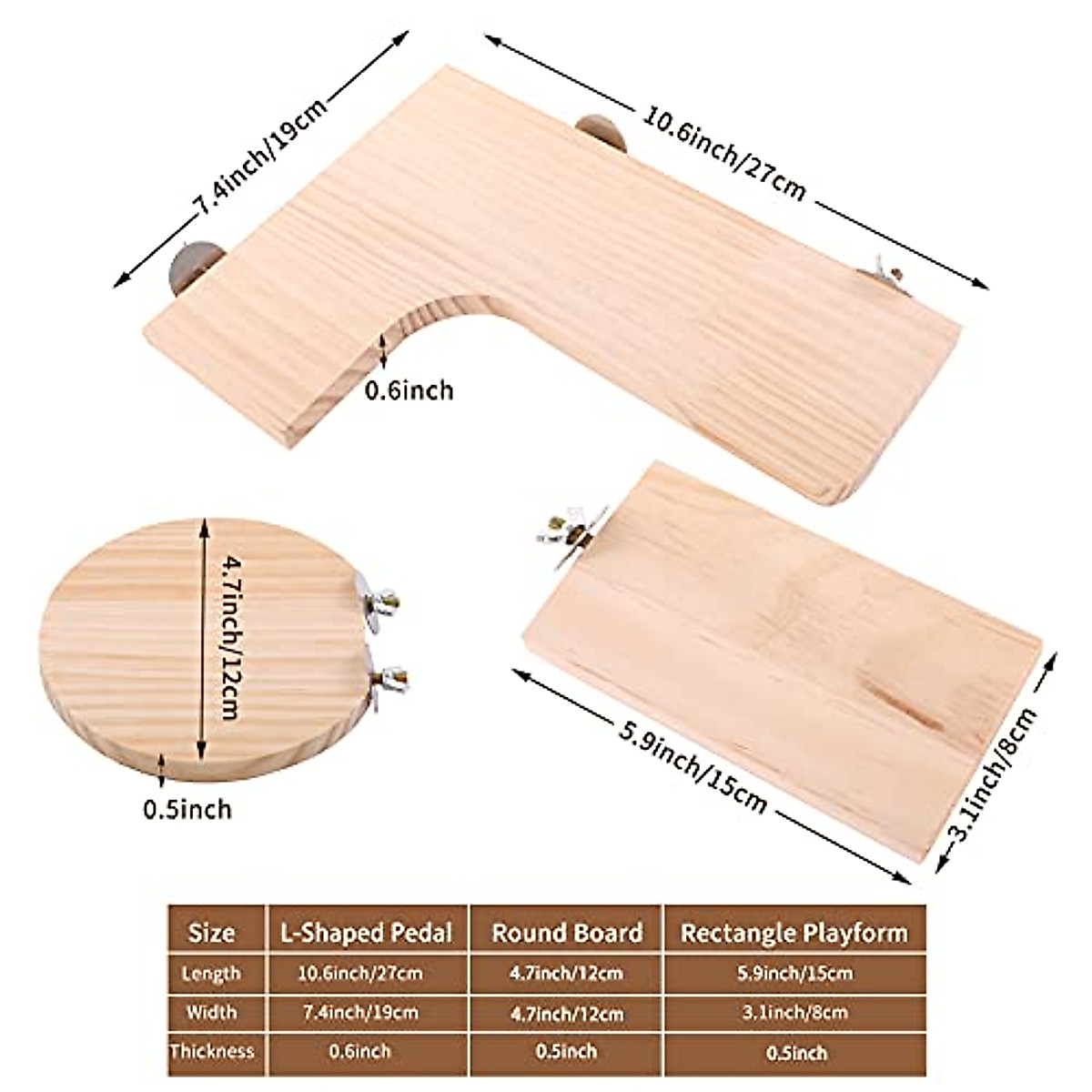 ROZKITCH 5 PCS Hamster Platform, Squirrel Gerbil Chinchilla Dwarf L-Shaped Pedal Natural Wood Activity Playground, Parrot Round Standing Board*2, Bird Perch Cage Toy*2, Play Gym Tray Cage Accessories