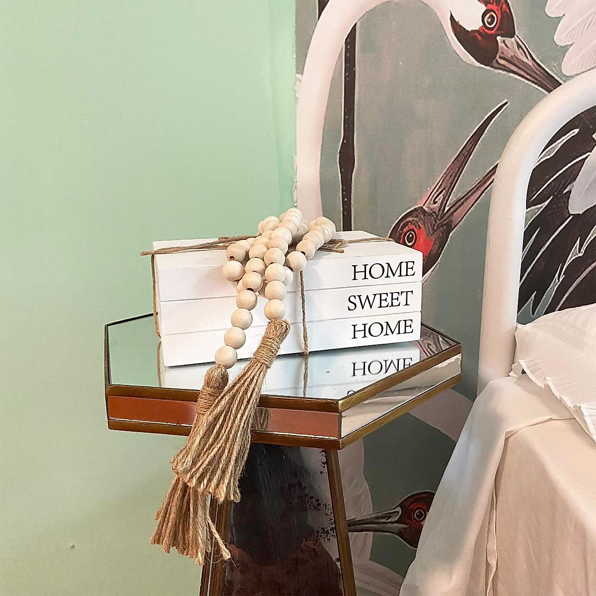 Decorative Books for Home Decor, White Faux Books for Decoration, Rustic Farmhouse Stacked Display Books with 52in Wood Bead Garland for Coffee Tables Living Room, (HOME SWEET HOME)