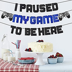 Video Game Party Supplies I Paused My Game To Be Here Banner, Blue Gaming Birthday Party Decorations for Boys, Glitter Game Theme Backdrop Sign Decor