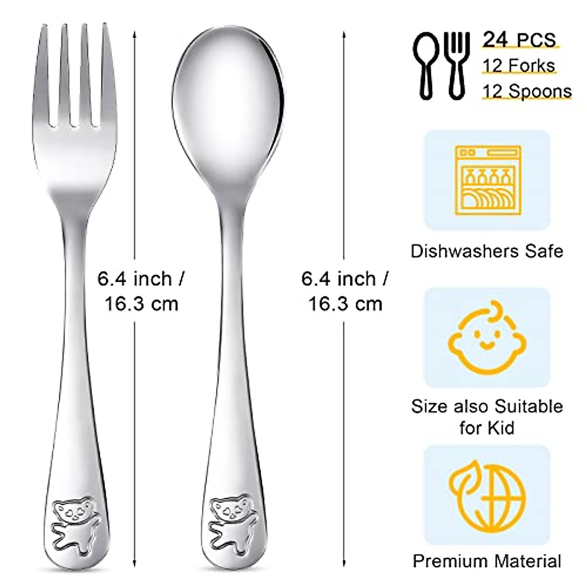 24 Pieces Kids Silverware Toddler Utensils Children's Safe Flatware Toddler Silverware Set 12 x Kids Forks 12 x Kids Spoons Stainless Steel Toddler Spoons and Toddler Forks (Silver)