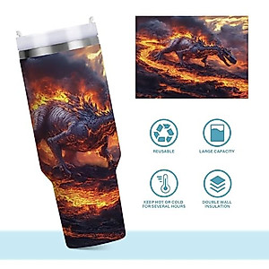 Slewiaeky Tumbler with Handle 40 oz Forest Dinosaur Cartoon T Rex Travel Mug with Lid and Straw Stainless Steel Vacuum Insulated Water Bottle Cup for Iced Tea Coffee Cold Beverages Cup Holder Friendl