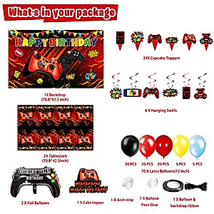 Video Game Birthday Party Decorations - 109Pcs Red and Black Gamer Gaming Party Supplies For Boys Birthday Party - Happy Birthday Gaming Backdrop, Table Cover, Hanging Swirls, Cupcake Topper, Cake Topper, Multi-Color Balloons and Foil Gamer Balloon