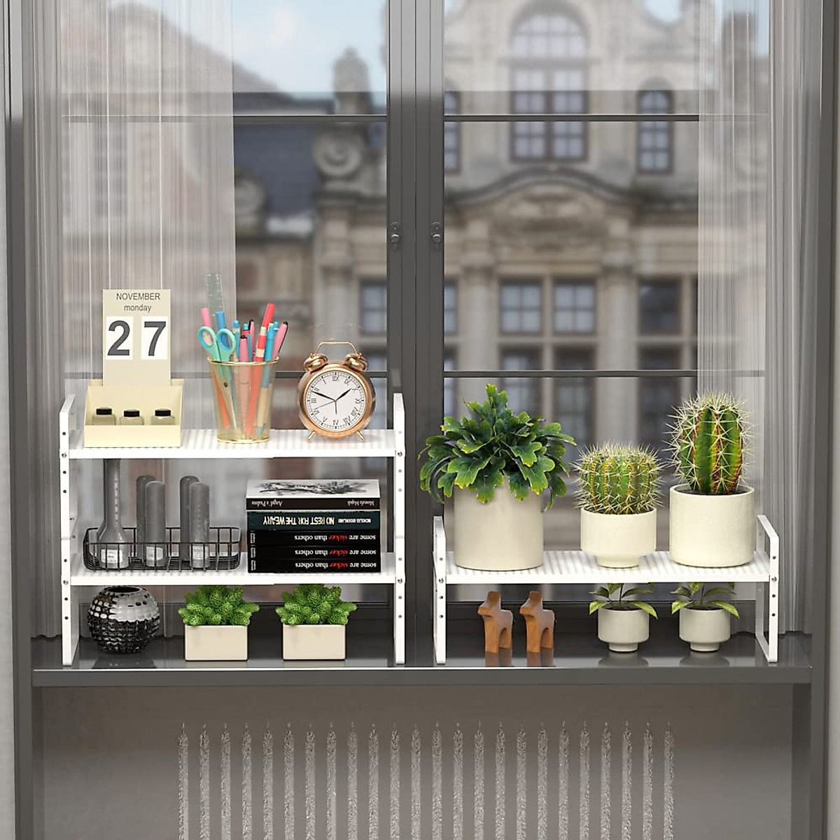 MIYUPTC Expandable Counter Organizer Shelf (16.5'' to 27.2''), Countertop Organizer Kitchen Bathroom Pantry Cupboard Home Office for Cups, Dishes, Plates -White