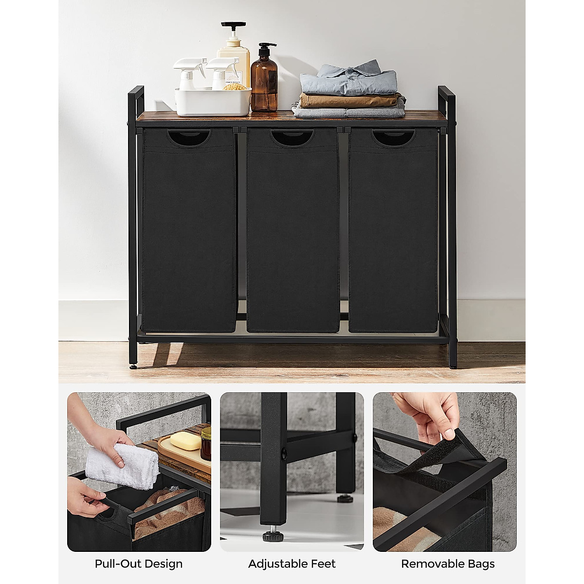 VASAGLE Laundry Hamper, Laundry Basket, 3 × 38L Laundry Sorter with 3 Bags, 1 Storage Shelf, Rustic Brown and Black UBLH301B01