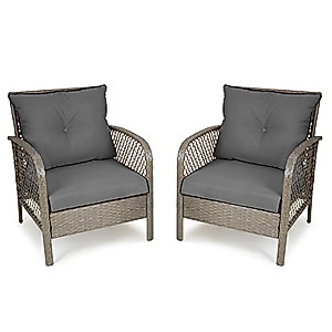 FYRICKYLINOO Patio Furniture Wicker Armchair 2 Pieces Outdoor Chairs Set with 2 PCS Pillows, All-Weather PE Rattan Single Chair for Garden Backyard Balcony,Grey Cushions