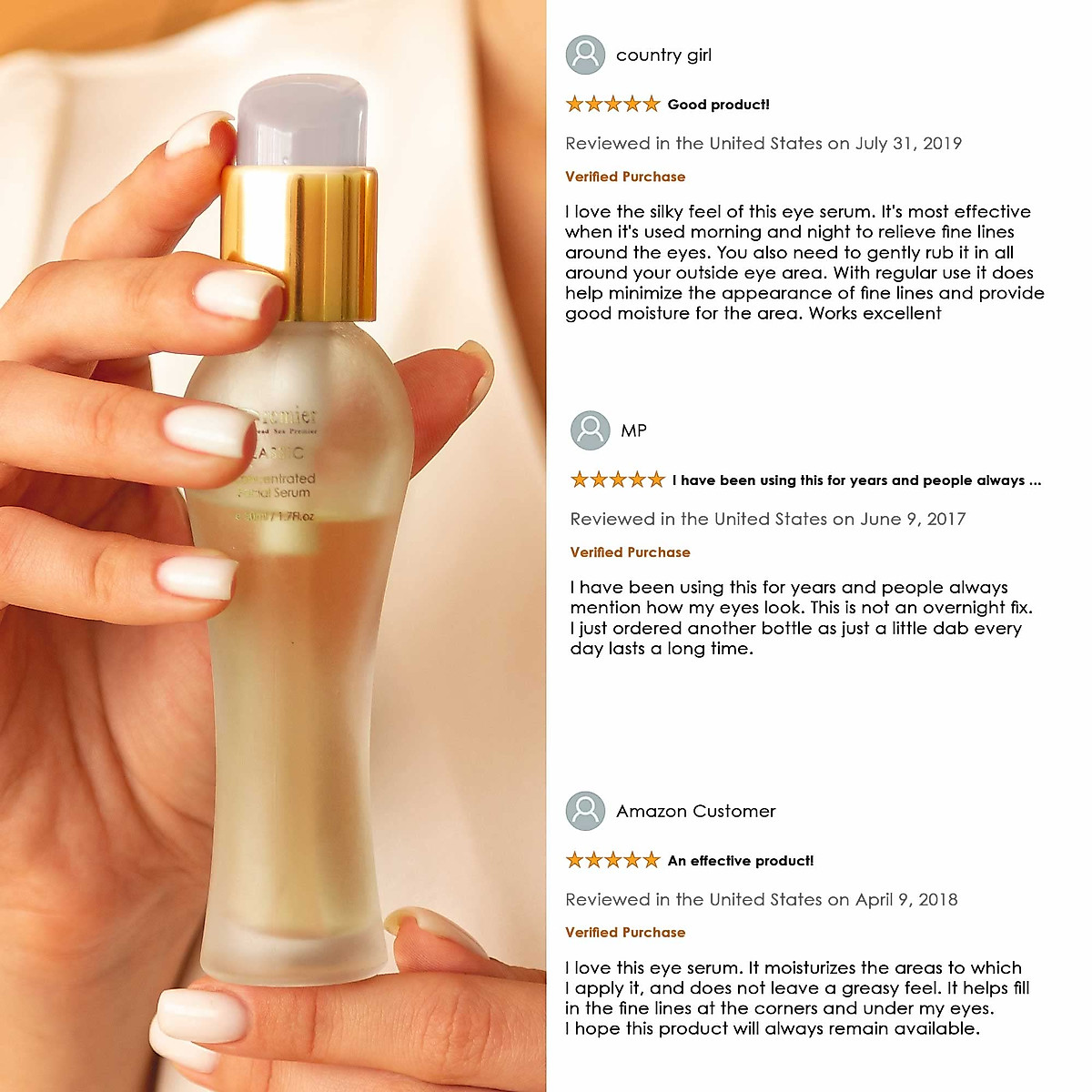 Premier Dead Sea Classic Eye Serum, Hypoallergenic, Age defying, Helps minimize wrinkles, Dark circles, Sagging skin, Reduce bags, with vitamins A & E 1.2 fl.oz