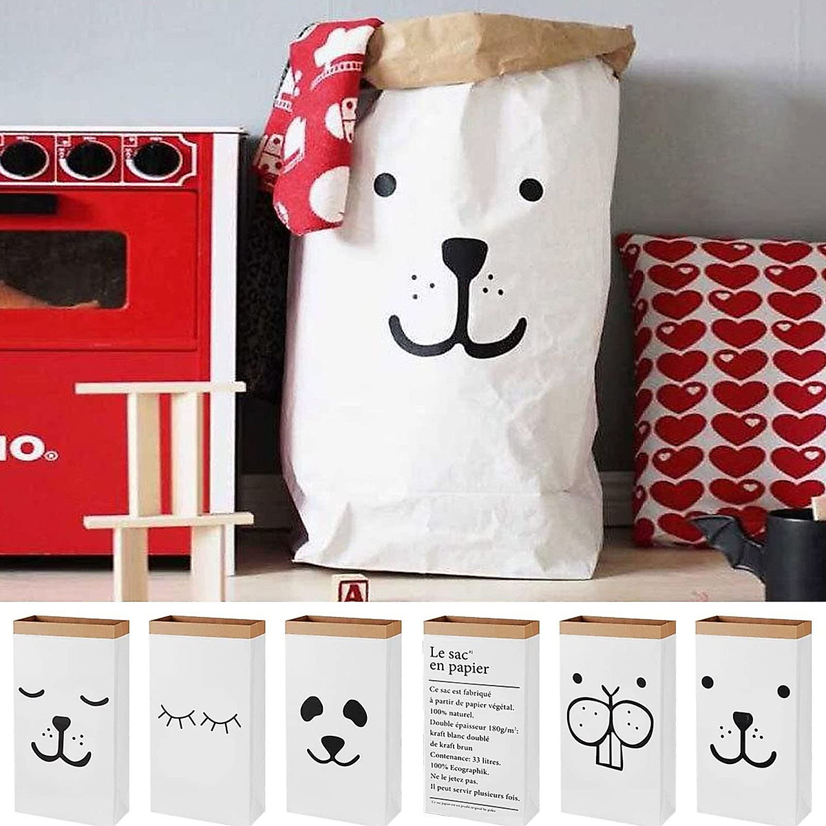 Kangkang Cute Cartoon Kraft Paper Storage Linen Bag Kids Toys Clothing Organizer Basket for Children Room Nursery Home Decor (Text)