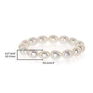 9.5mm-11mm AAAA White Semi-Baroque Oval Freshwater Cultured Pearl Bride & Bridesmaid Stretch Strand Bracelet - 8"