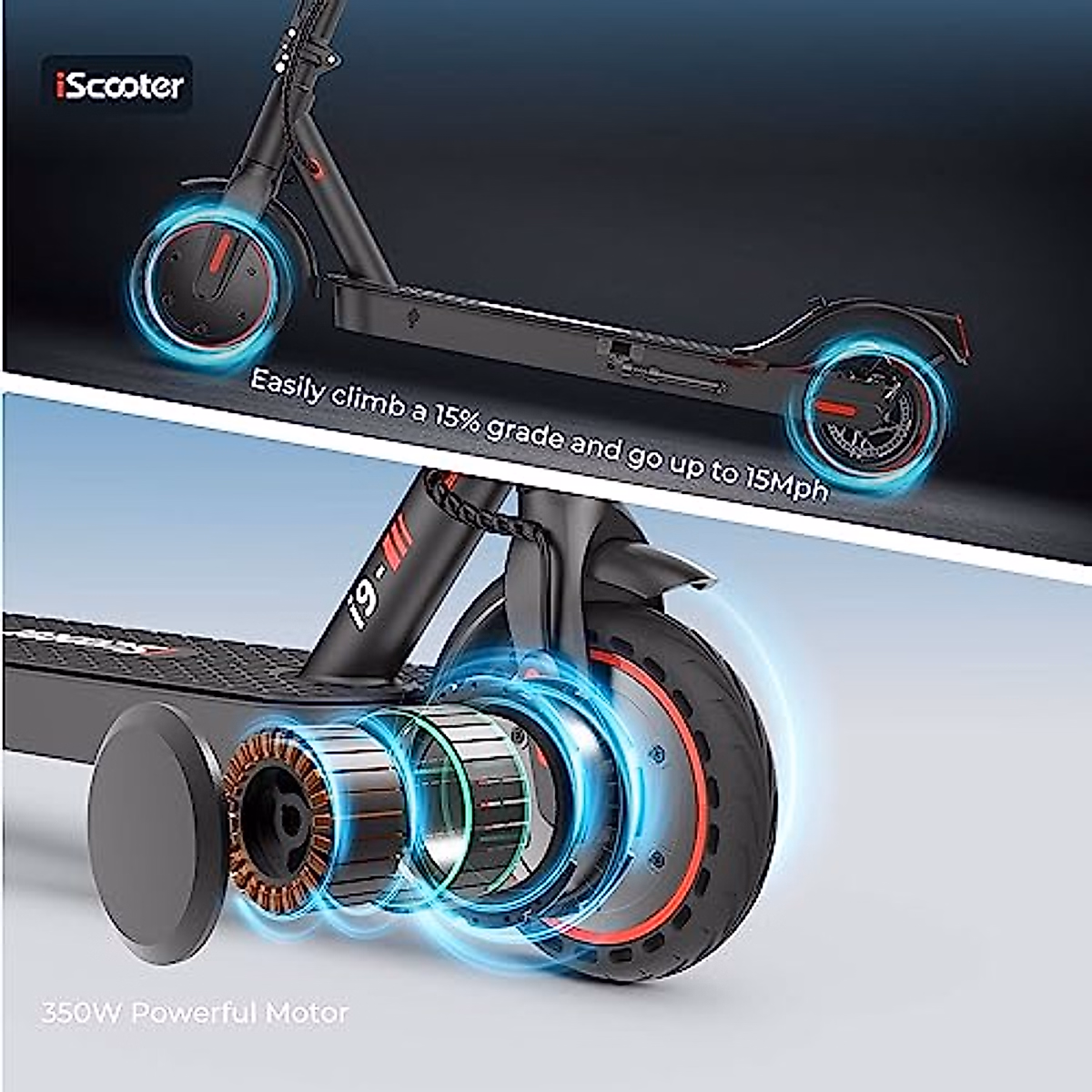 iScooter Electric Scooter, 18Miles Travel Range, 15.6 Mph Top Speed, 350W Scooter Electric with 8.5 Inch Solid Tire, Smart APP, Double Braking Systems for Kids, Teenage and Adults - i9