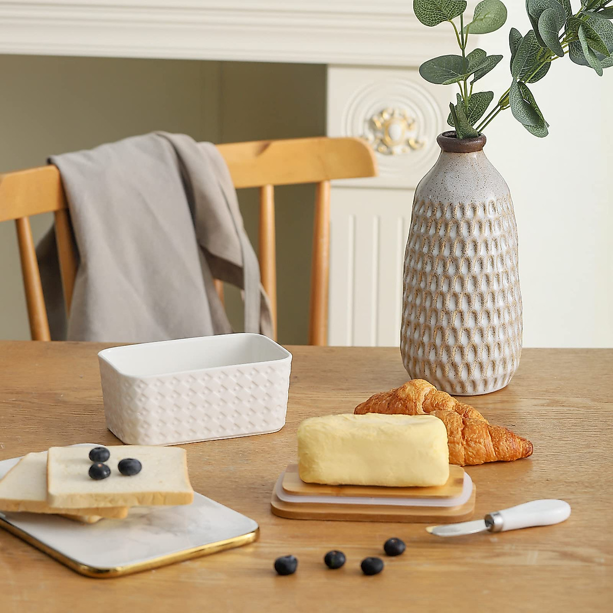 Hasense Large Butter Dish with Lid for Countertop - Farmhouse Ceramic Butter Container Holder with Cover for Fridge,Silicone Sealing,White Embossed Pattern,Holds Two Sticks of Butter