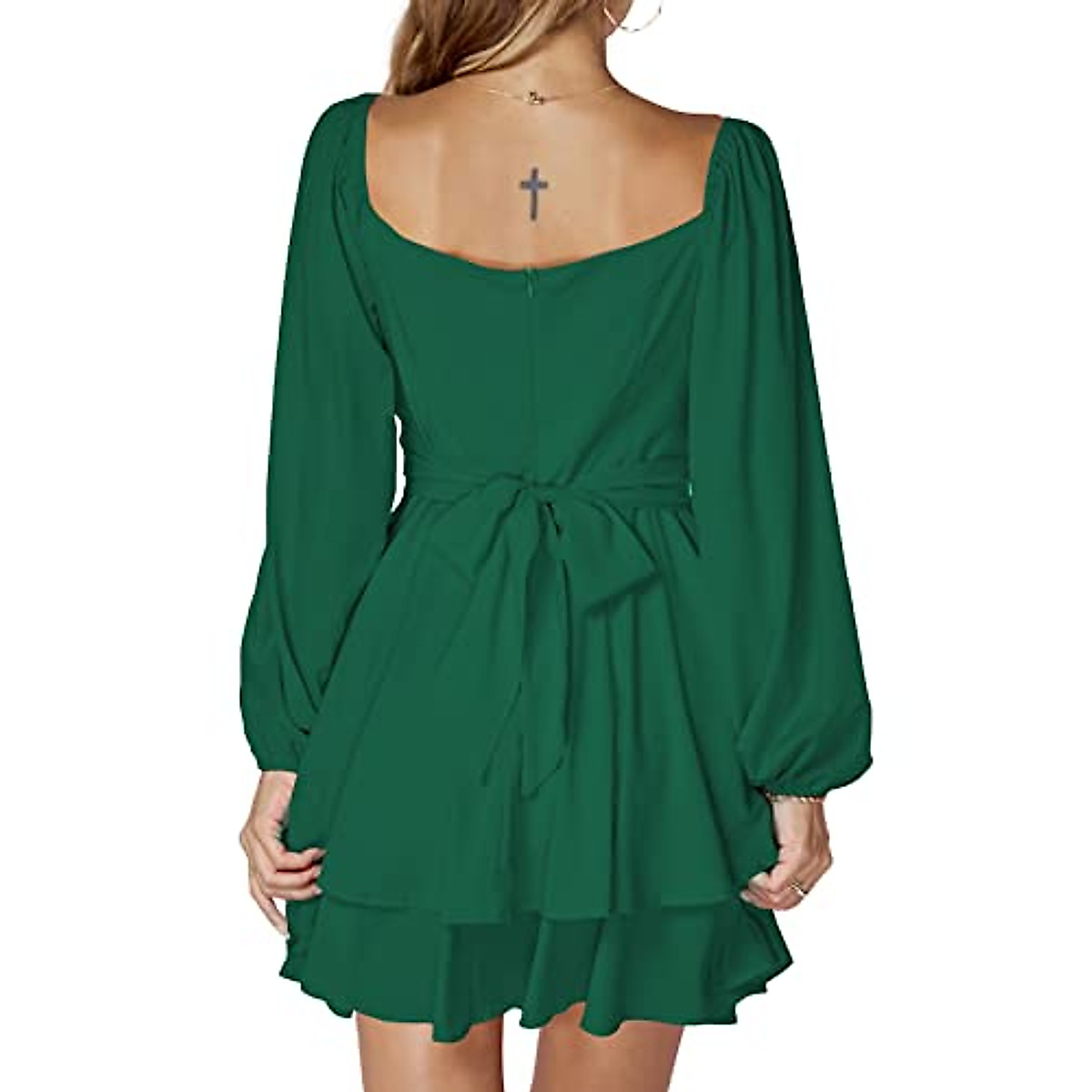 LYANER Women’s Lantern Long Sleeve Wrap Tie Back Square Neck Double Layer Ruffle Hem A Line Short Mini Dress Green Medium