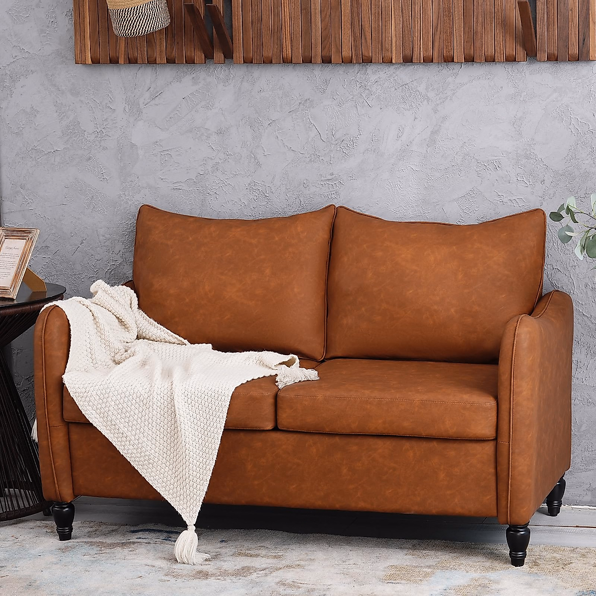 53" Small Loveseat Sofa,Mid Century Modern Love Seat Sofa Couch with PU Leather,2 Seat Small Couches for Small Spaces,Comfy Upholstered Sofa for Living Room,Bedroom,Dorm Office and Apartment(Brown)