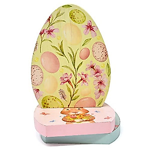 Wooden Easter Egg Table Decorations 3 Pack Decorative Spring Eggs Bunny Rabbit Flowers Design Tabletop Party Centerpiece Signs Rustic Wood Holiday Shelf Topper for Home Kitchen Office Mantle Decor