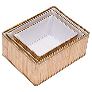 Bamboo Storage Baskets, Set of 3; All-Natural Organizer Bins with Fabric Liner on Inside; Boxes Great for Kitchen, Pantry, Bathroom, Closets, Storage, Shelving, Toys; 3 Sizes: Small, Medium, Large