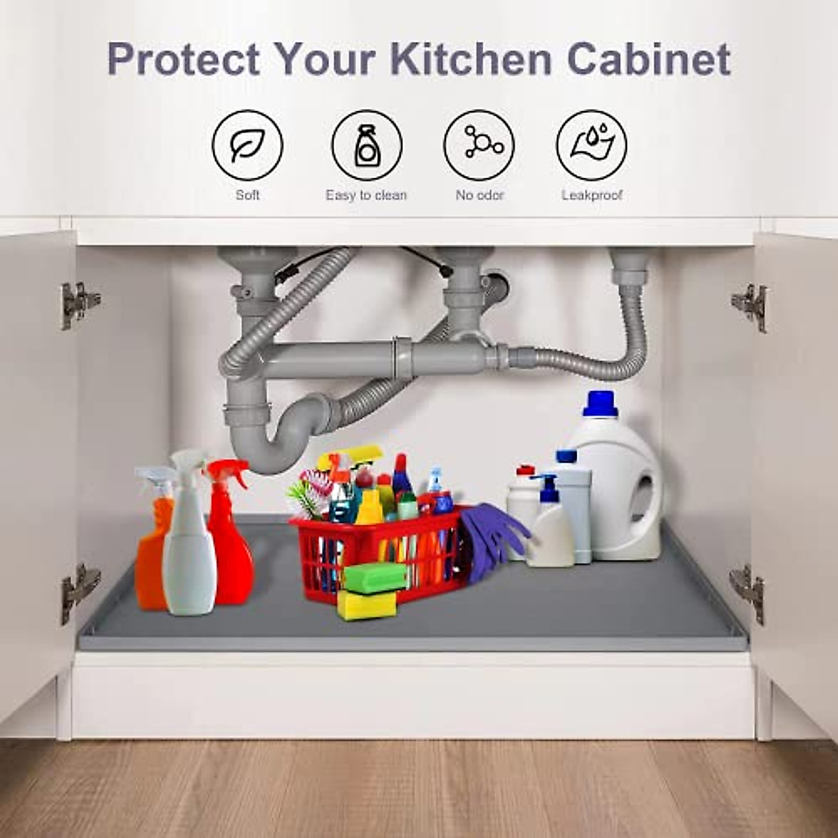 Under Sink Mat, Under Sink Mats for Kitchen Waterproof, 34" X 22" Silicone Under Kitchen Sink Mat, Non Slip Sink Mats Cabinet Protector Mat Suitable for Kitchen, Bathroom and Multiple Scenarios(Grey)