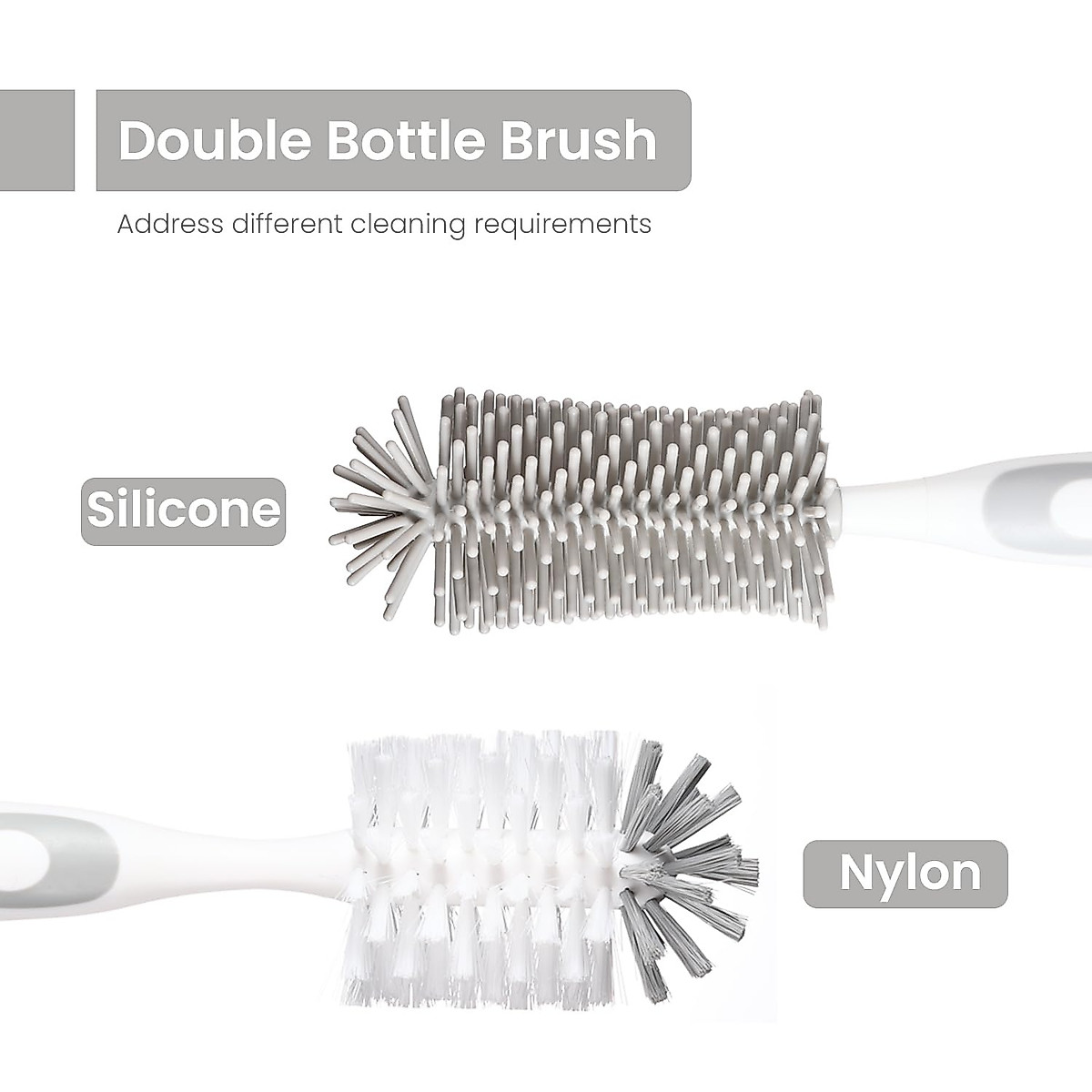 5-in-1 Baby Bottle Brush Set, Bottle Brush Cleaner, Bottle Cleaner Brush Set, Including Nylon and Silicone Bottle Brush, Bottle Cap Brush, Straw Brush, Nipple Brush, BPA-Free (Grey)