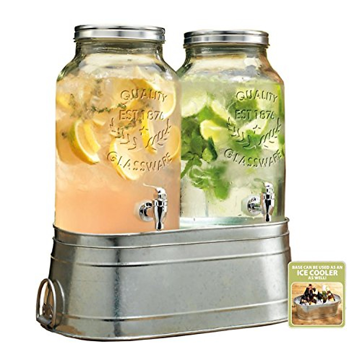 American Reproductions Two (2) 1.5 Gallon Each Quality Ice Cold Clear Glass Mason Jug Beverage Drink Dispensers Galvanized Metal Display Stand/Ice Bucket-Easy Filling For Outdoor, Parties & Daily Use