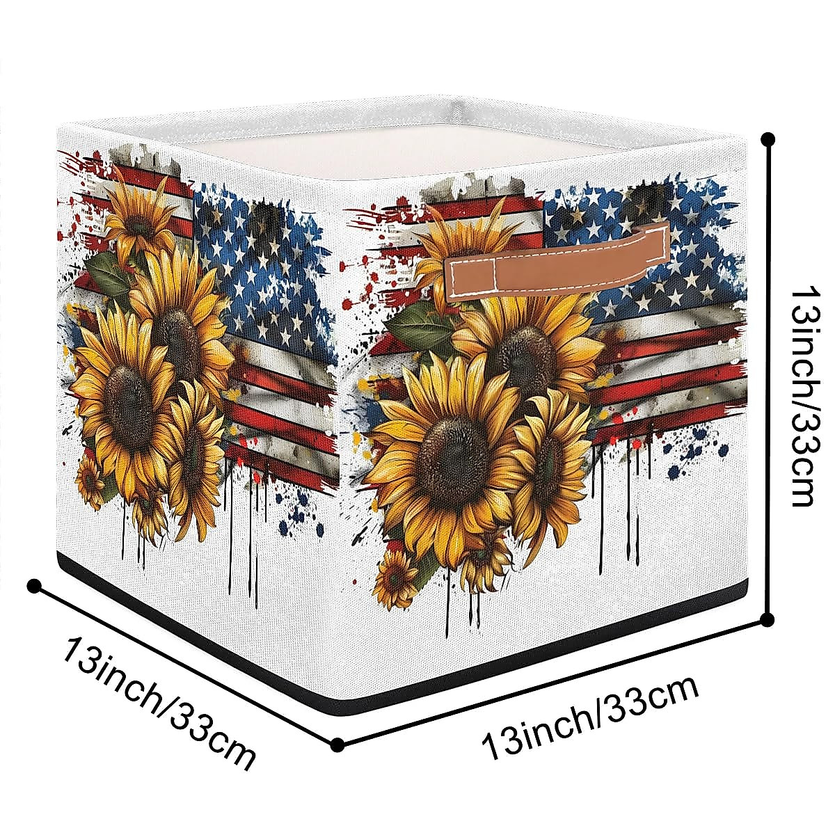 oooJHooo Storage Baskets for Shelves, Sunflower American Flag Waterproof Storage Bins, Collapsible Toy Storage Cubes Organizer with Handles, for Home Closet Nursery Office