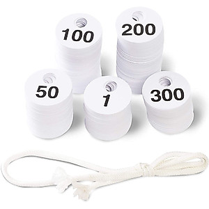 Juvale 2 Sets of Round Numbered Tags 1-300, Double-Sided Plastic Coat Check Tickets (1.7 in, 600 Pieces Total)