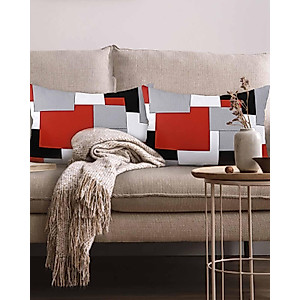 Pillow Cases Linen Pillow Shams White Grey Black Red Abstract Irregular Geometric Pillow Cases Set of 2 12x20 Inches Pillowcases Rectangle Cushion Covers Flax Soft Linen Pillow Covers for Couch Sofa