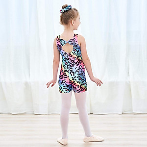 JESKIDS Leotards for Girls Gymnastics with Shorts Dance Biketards Tumbling Matching Hair Scrunchie Leopard 4-5 Years