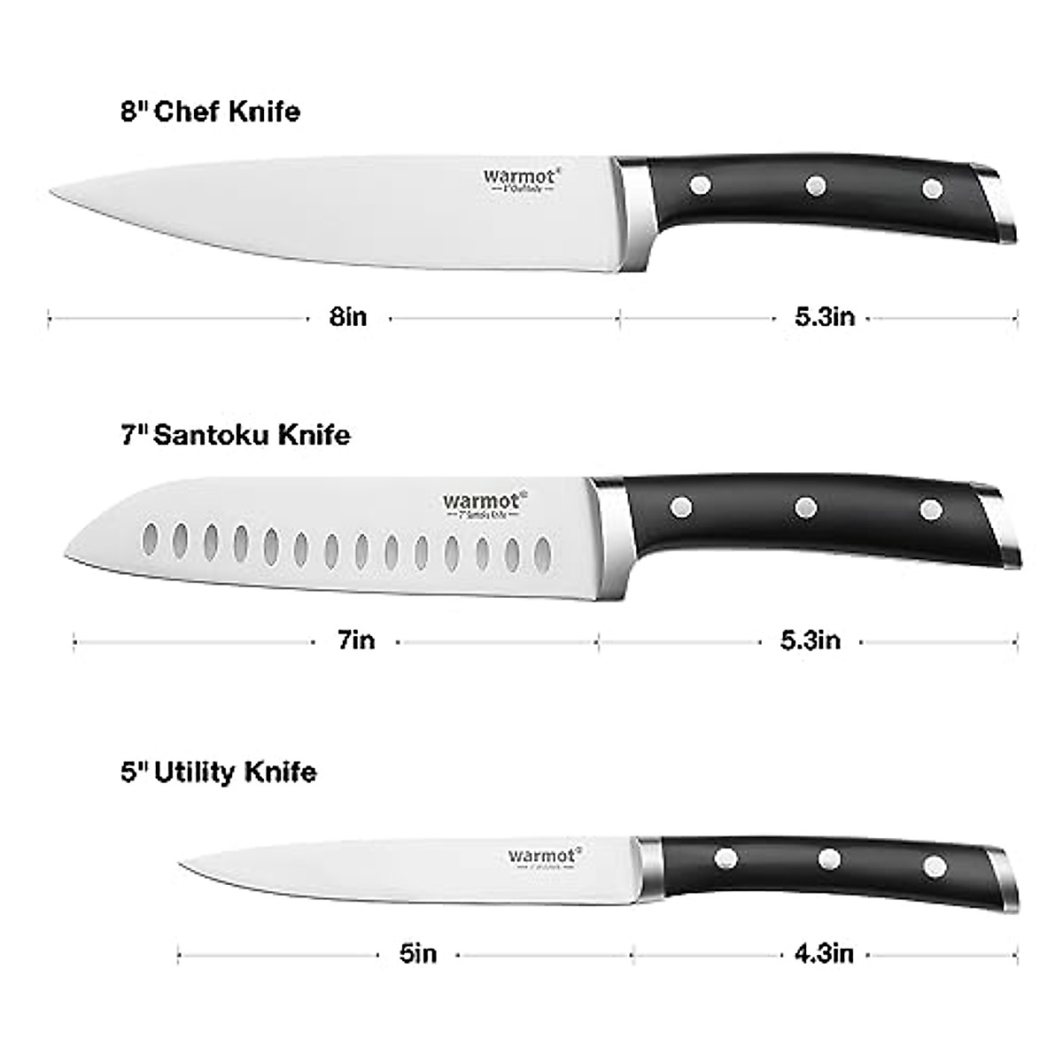 warmot Professional Kitchen Knife Set, 3 Pcs Chef Knife Set Sharp Knives Sets for Kitchen High Carbon Stainless Steel, Cooking Knife Triple Riveted Handle with finger protectors with Gift Box