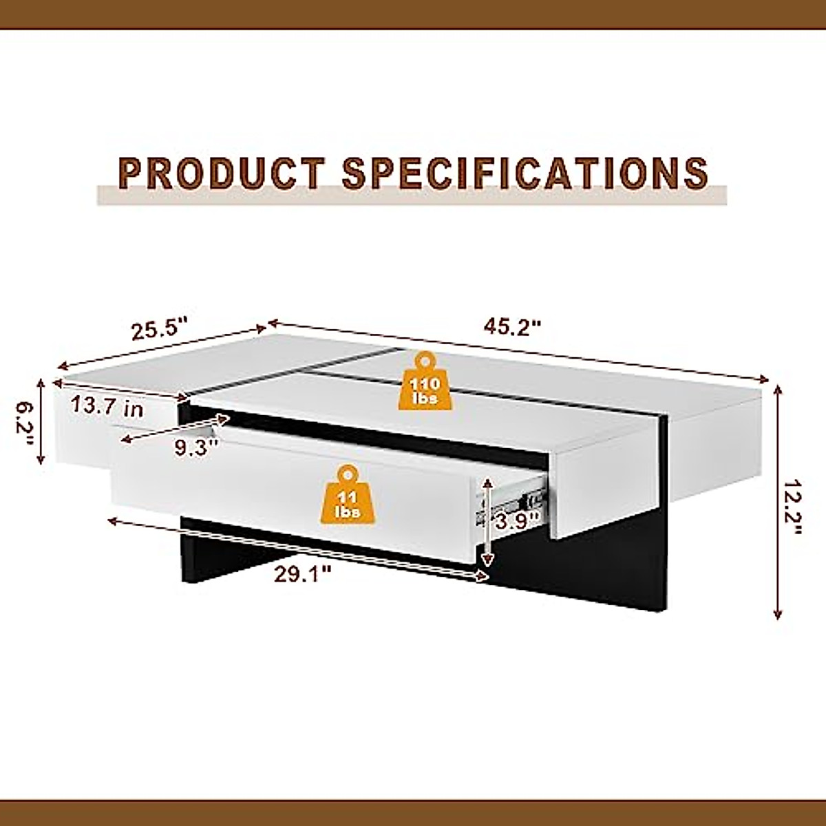 Merax Contemporary Rectangle Coffee Table, Modern High Gloss Surface, Living Room Furniture, White and Black