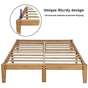HW COMFORT 14 Inch Bamboo Wood Platform Bed Frame/Solid and Sturdy Platform Bed with Wooden Slats/No Box Spring Needed/Easy Assembly, Queen