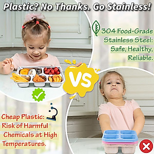 Stainless Steel Snack Containers with Lids - 3 Pack - 5 Compartments Bento Snack Boxes - Reusable Meal Prep Lunch Containers for Kids Adults - Divided Food Storage Containers for School Home Travel