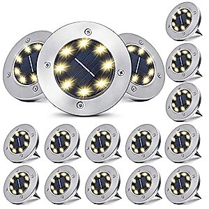 pozzolanas Solar Ground Lights 16 Packs - 8 LED Solar Garden Lights Outdoor Waterproof in-Ground Lights, Solar Disk Lights Outdoor Landscape Lights for Lawn Pathway Yard Driveway (Warm White)