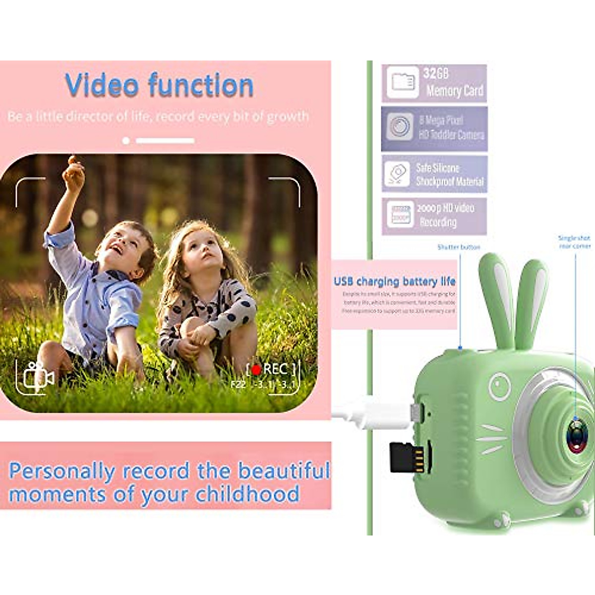 Kids Digital Camera, Kids Video Camera Recorder Shockproof Cameras HD 8 Mega Pixel 2 Inch IPS Screen Kids Mini Camera with 32GB SD for Girls Boys Gifts(Green)