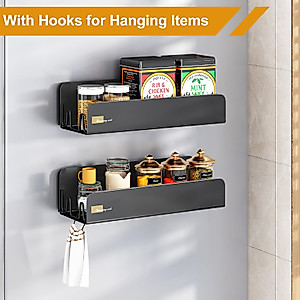 Magnetic Spice Rack for Refrigerator, Magnetic Shelf Fridge Spice Rack Organizer 2 Pack with 8 Hooks, Moveable Strong Magnetic Seasoning Organizer and Shelf for Kitchen Refrigerator Microwave