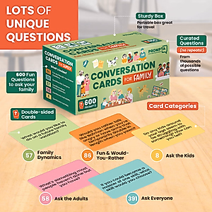 Prompta 600 Conversation Cards for Families – Fun Conversation Starters Card Game for Adults and Families – Road Trip Must Have Travel Game to Get to Know Your Family - Kids Dinner Time