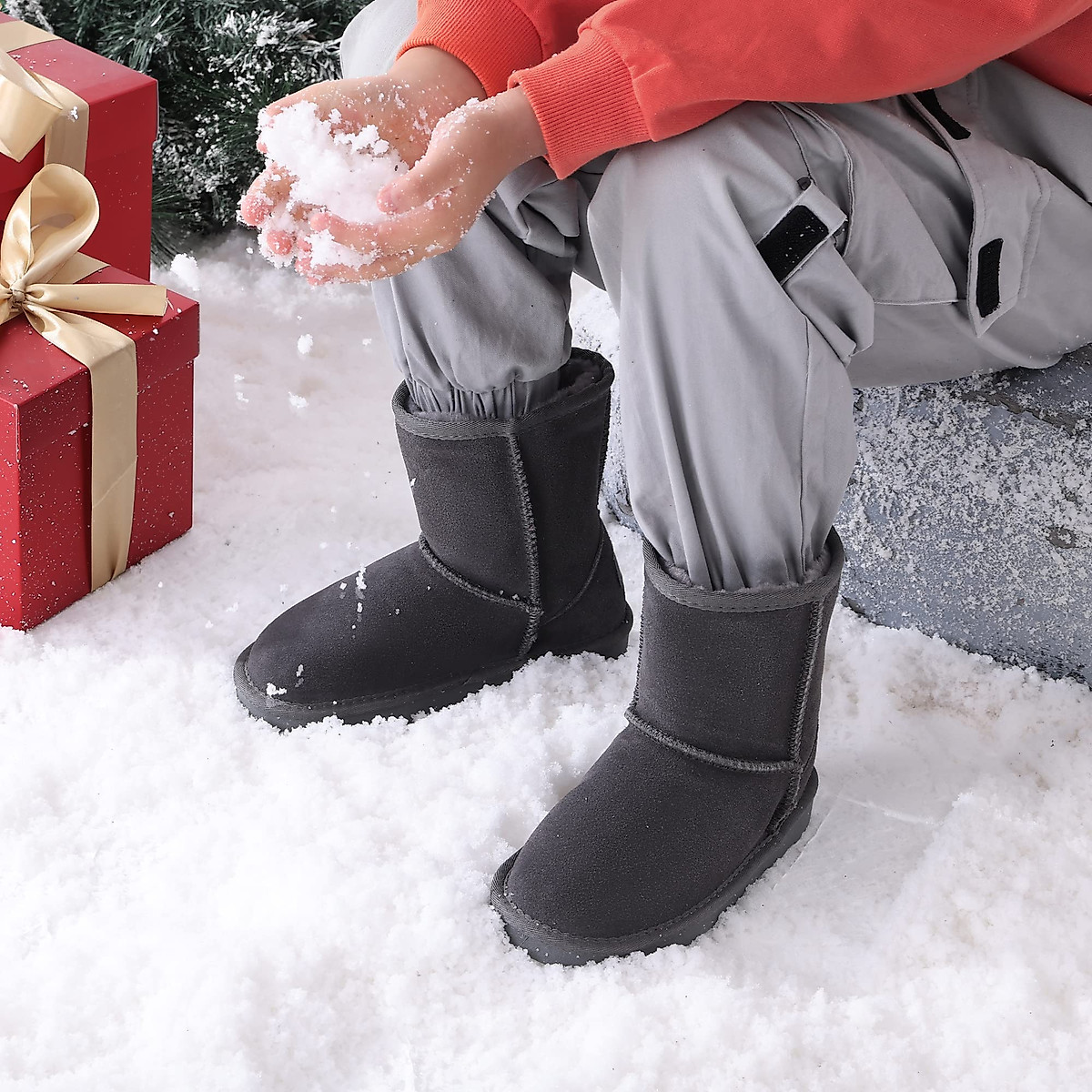 DREAM PAIRS Girls Boys Boots Kids Faux Fur Lined Winter Mid Calf Snow Boots Shorty-K Grey Size 1 Little Kid