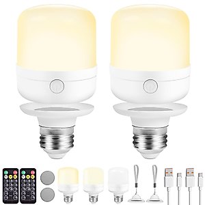 E26 Battery-Operated Rechargeable Light Bulbs with Remote for Lamps, Sconces, and Non-Hardwired Fixture, 3 Color Temperatures, Timer, Detachable Charging – 2 Pack