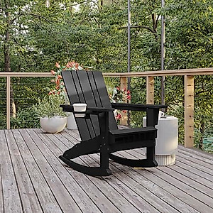 Flash Furniture Halifax Adirondack Rocking Chair with Cup Holder, Weather Resistant Poly Resin Adirondack Rocking Chair, Black