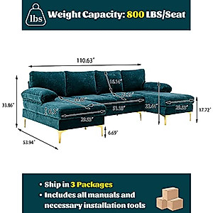 Olela U Shape Sectional Sofa,Modern Large Chenille Fabric Modular Couch,Extra Wide Sofa with Chaise Lounge and Golden Legs for Living Room (Teal)