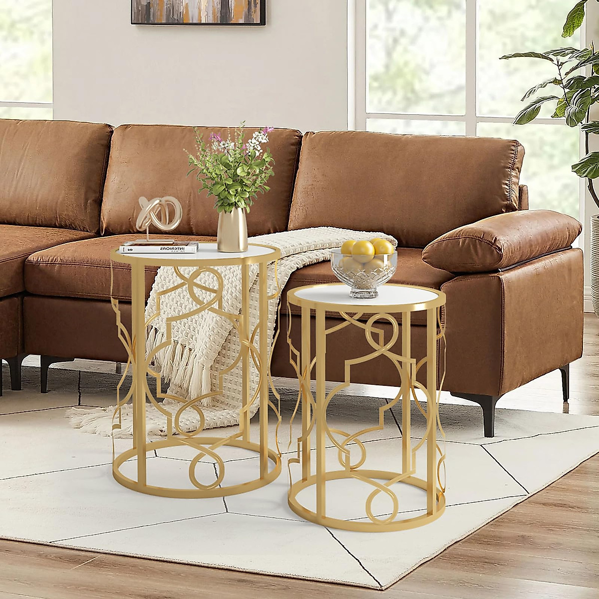 RiteSune Round Side Tables with Wooden Top End Table Set of 2, Mid Century Modern Circle Coffee Tables Accent Table for Small Spaces, Living Room, Bedroom, Foyer, Entryway - Assemble Already