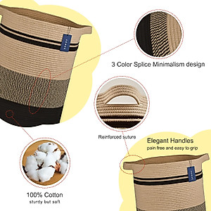 COMSE Extra Large Laundry Basket, Tall Blanket Basket, Laundry Hamper with Handles, 15.7”x 21.7”, Cotton Rope Basket, Woven Laundry Basket, Toy Basket, Clothes Baskets,Woven Basket, Brown/Black