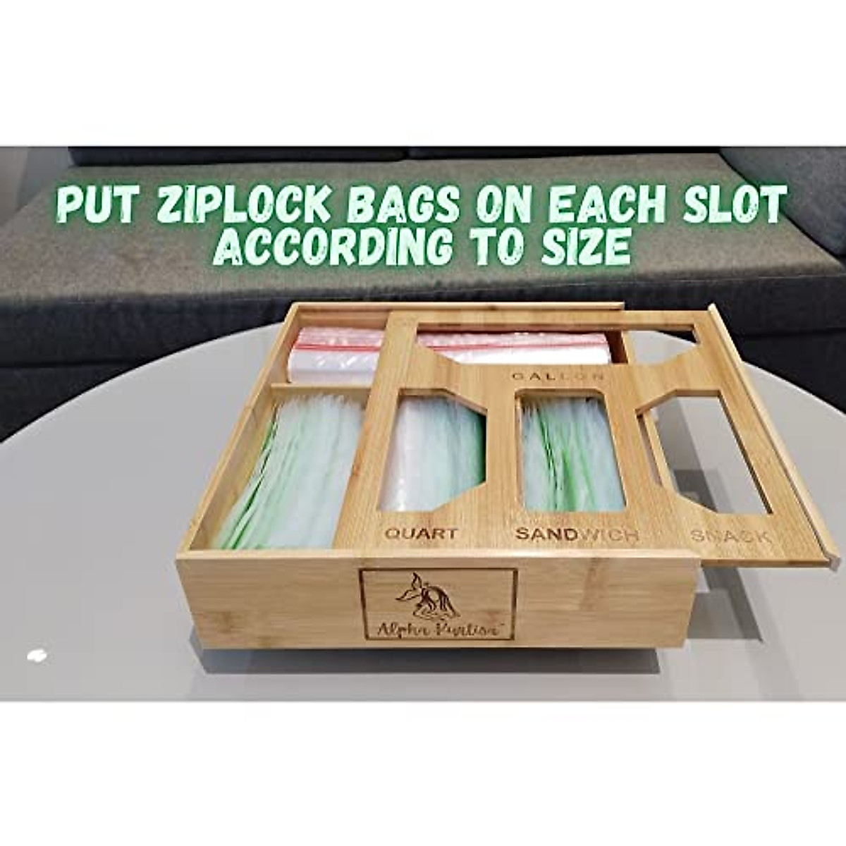 Alpha Kurtisa Bamboo Ziplock Bag Organizer for Kitchen-Walls-Drawers-Can fit Ziplock bags like Gallon-Snack-Sandwich-Quart. Includes Keyholder with Cellphone stand (Natural)