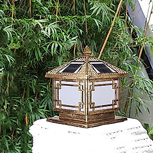 KAIKEA Bronze Square Solar LED Cast Aluminum Lights Outdoor Garden Waterproof Column Post Light Fixture Bright Traditional Classical Acrylic Villa Porch Decor Pillar Lamp（15.7inches）