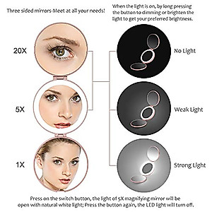 B Beauty Planet 20X Magnifying Mirror with Light, 20X/5X/1X Travel Lighted Makeup Mirror,Portable LED Compact Mirror,Handheld Folding Rechargeable Ring Light Mirror(4inches, Rose Gold)