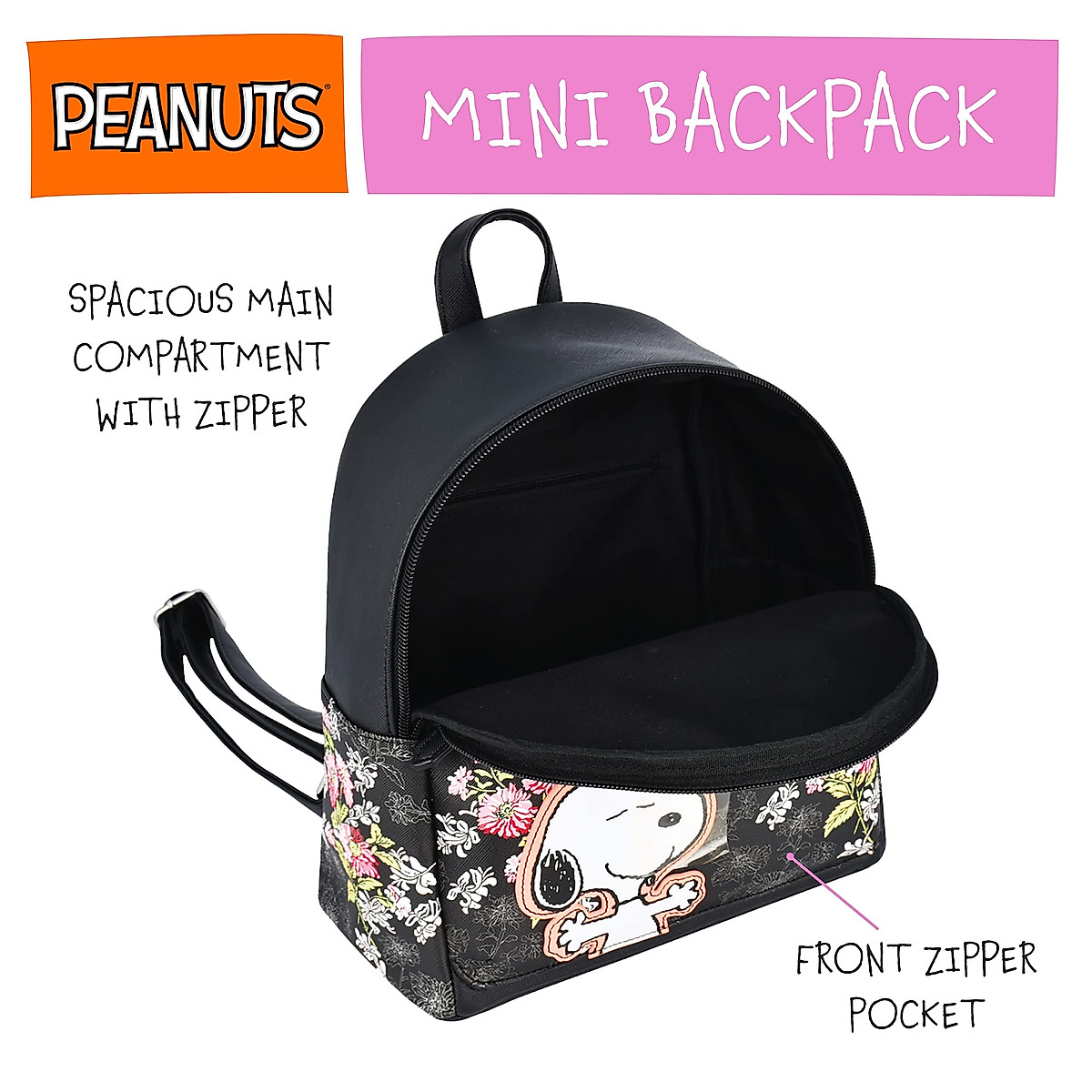 Concept One Peanuts Snoopy Mini Backpack, Small Bookbag, Black