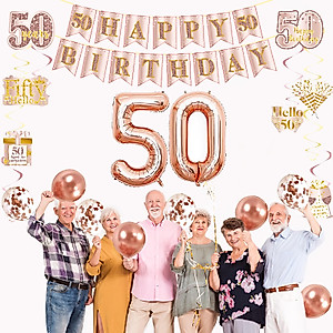 Crenics Rose Gold 50th Birthday Decorations for Women - Happy 50 Birthday Banner, Honeycomb Centerpieces, Hanging Swirls and Balloons for 50 Birthday Party Supplies