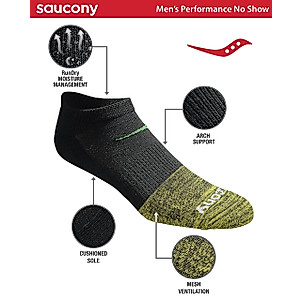 Saucony Men's RunDry Mesh Ventilating Comfort Fit Performance No-Show Socks, Available in M-XXL (6, 12, 18, Fashion Tipped Black (6 Pairs), Large